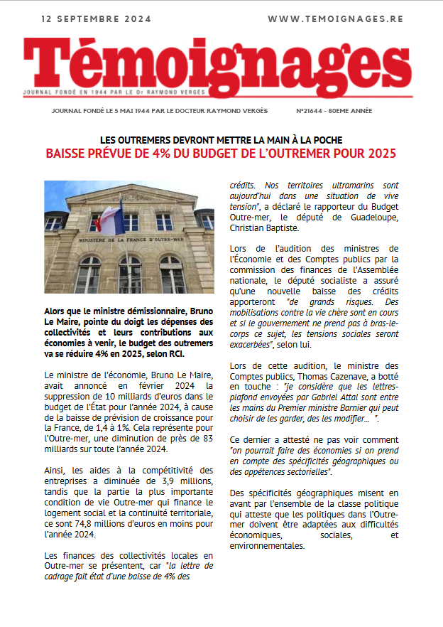 Témoignages n°21644 du jeudi 12 septembre 2024 - 80e année.